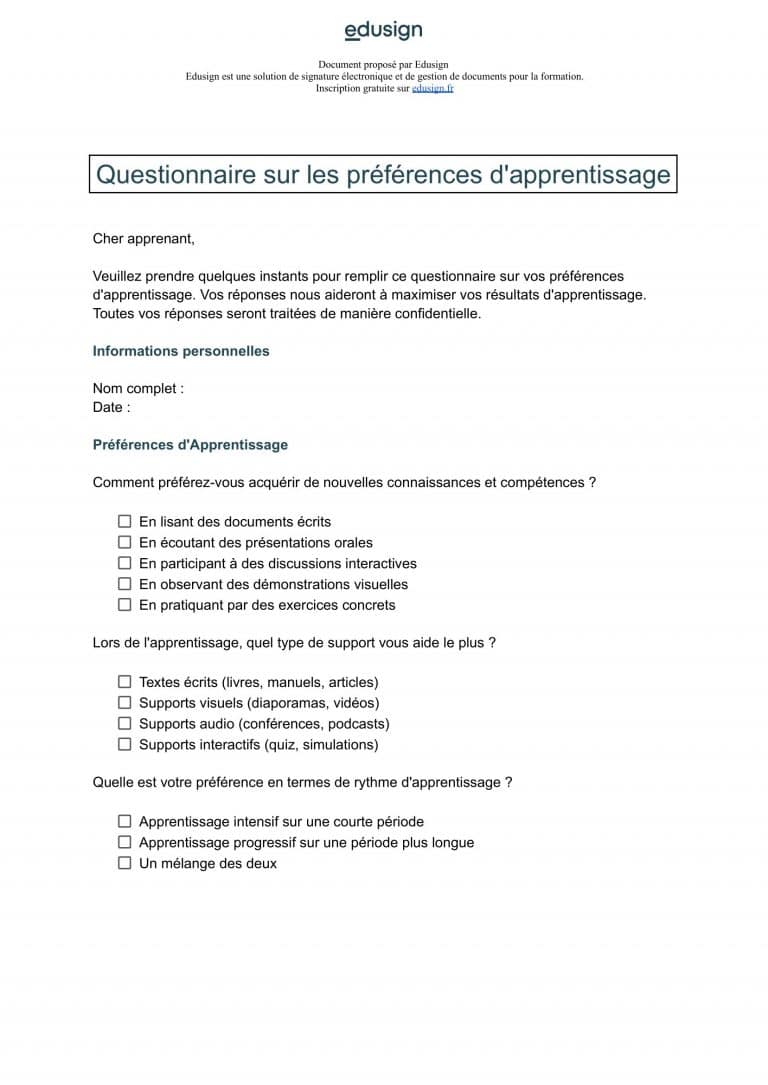 Modèle de questionnaire : Evaluation de formation | Edusign