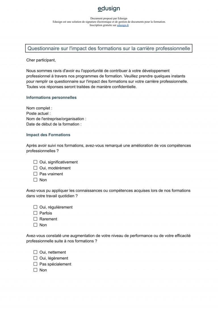 Modèle de questionnaire : Formation professionnelle | Edusign