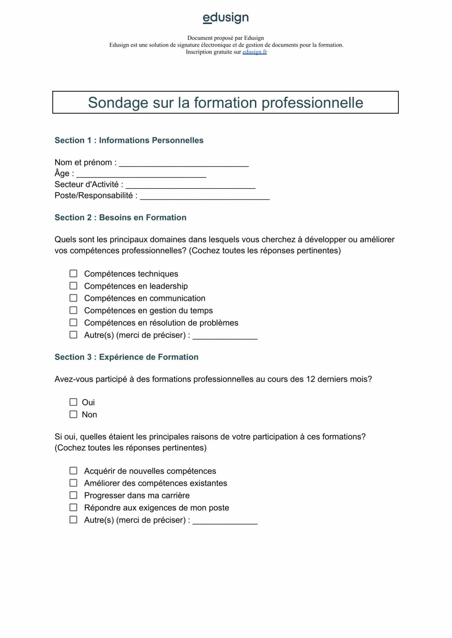 Modèle de questionnaire : Formation professionnelle | Edusign