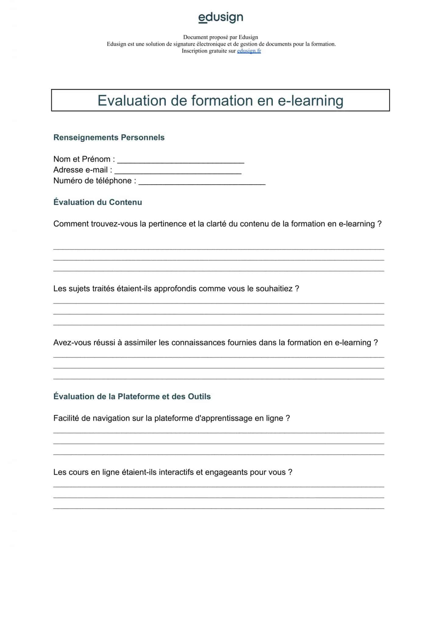 Modèle de questionnaire : Evaluation de formation e-learning | Edusign