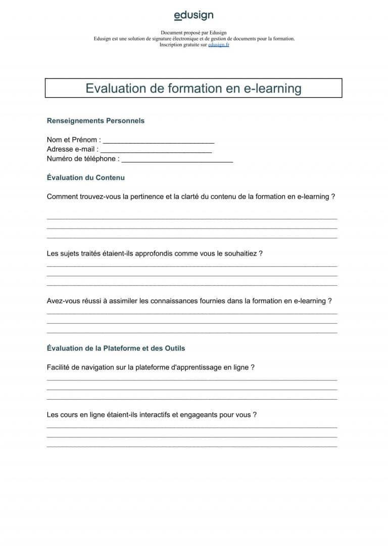 Modèle de questionnaire : Evaluation de formation e-learning | Edusign