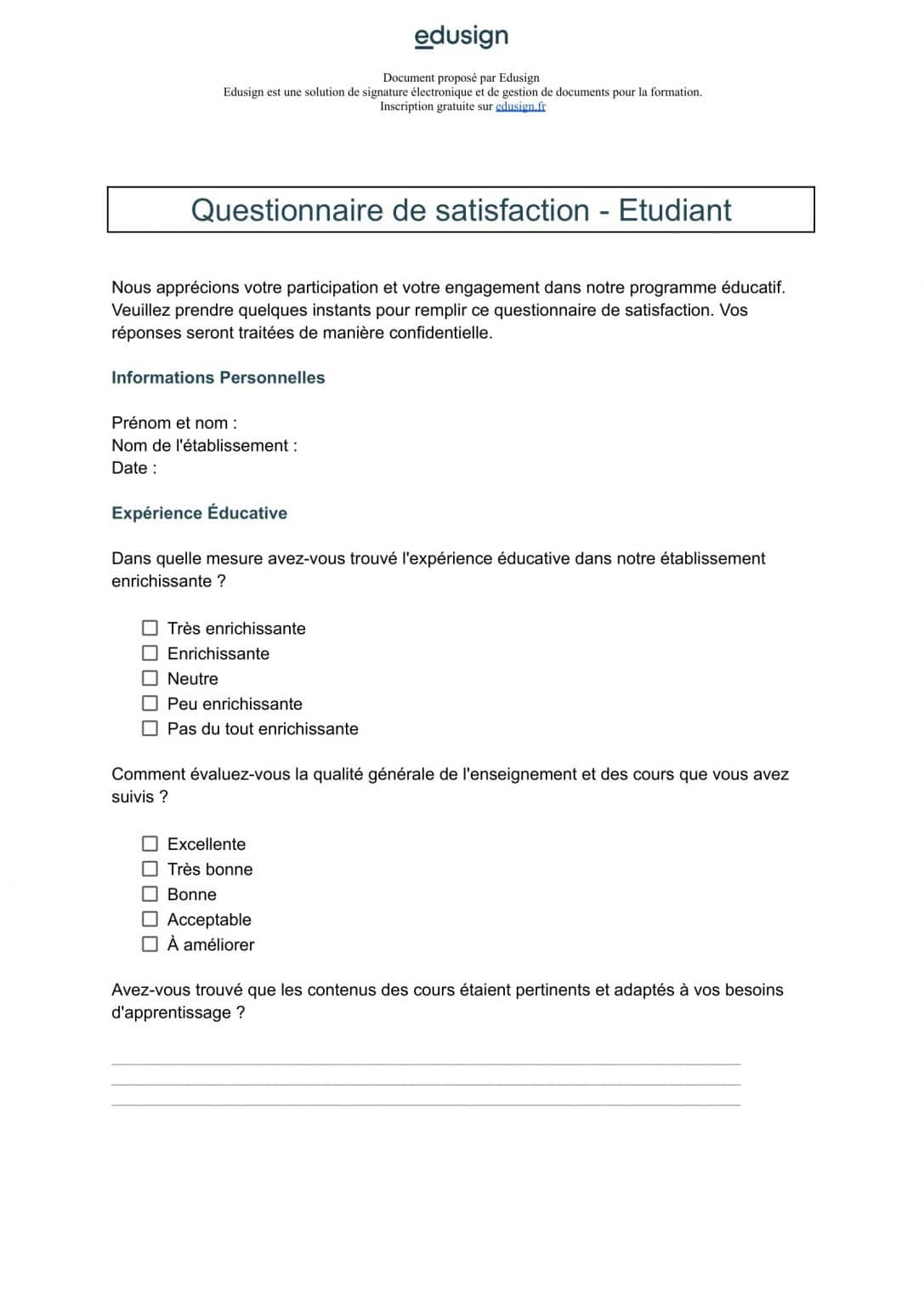 Modèle de questionnaire : Satisfaction des étudiants | Edusign