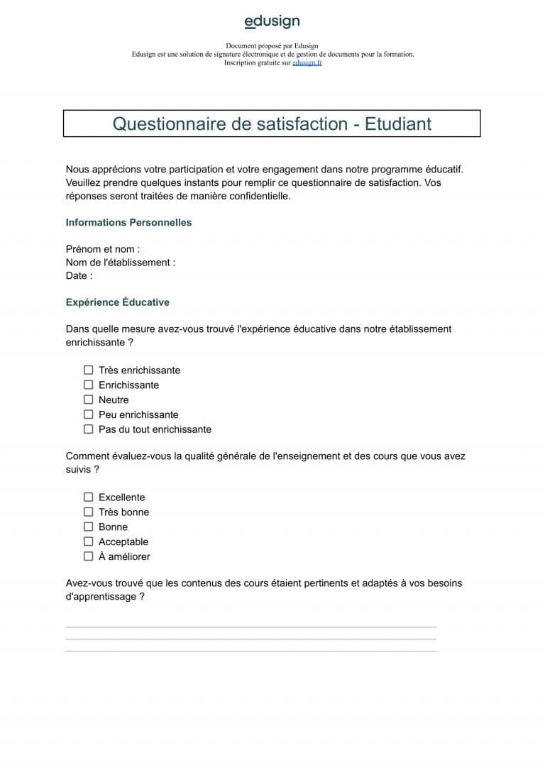 Modèle de questionnaire : Satisfaction des étudiants | Edusign