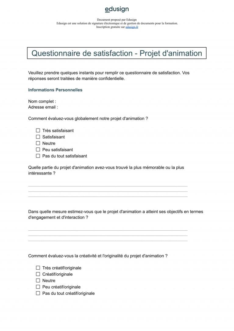 Modèle de questionnaire : Projet d'animation | Edusign