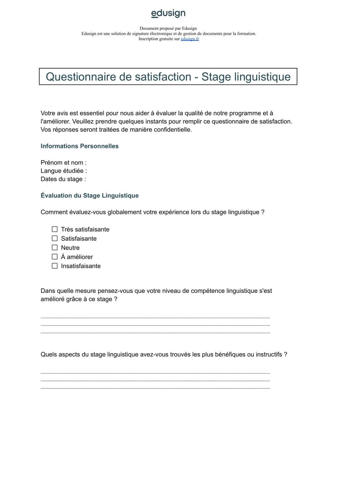 Modèle de questionnaire de satisfaction : Fin de stage | Edusign