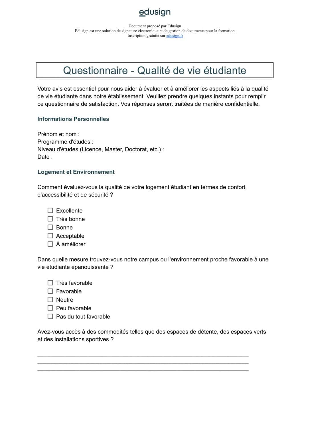 Modèle de questionnaire : Satisfaction des étudiants | Edusign