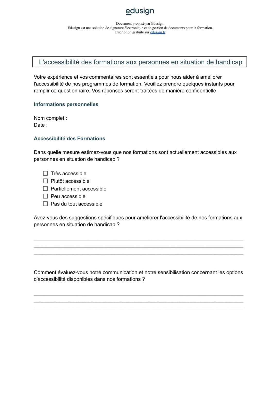 Modèle de questionnaire : Questionnaire de formation à chaud | Edusign